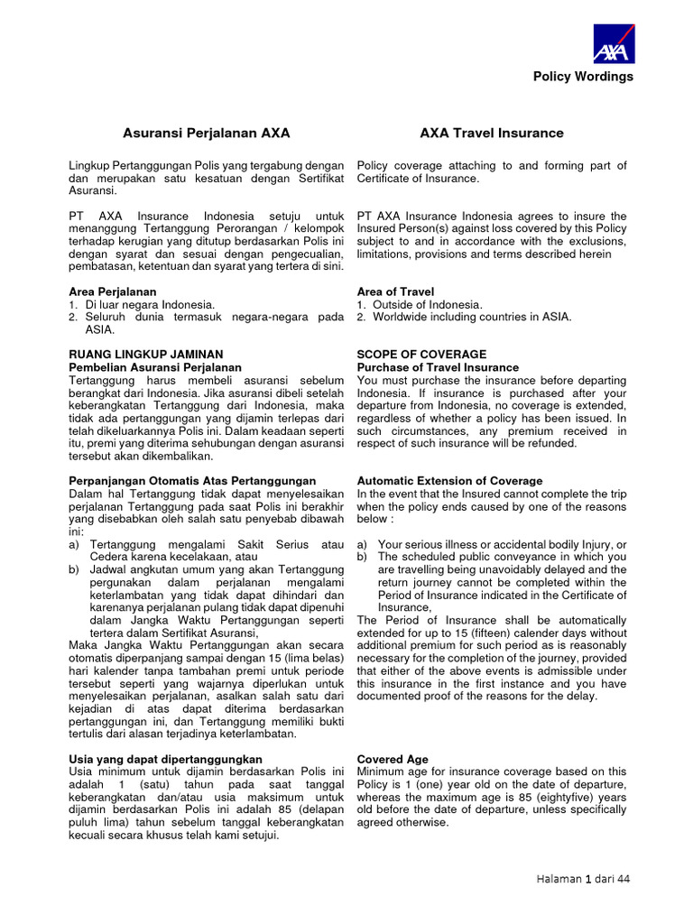 Policy Wording Travel International | PDF