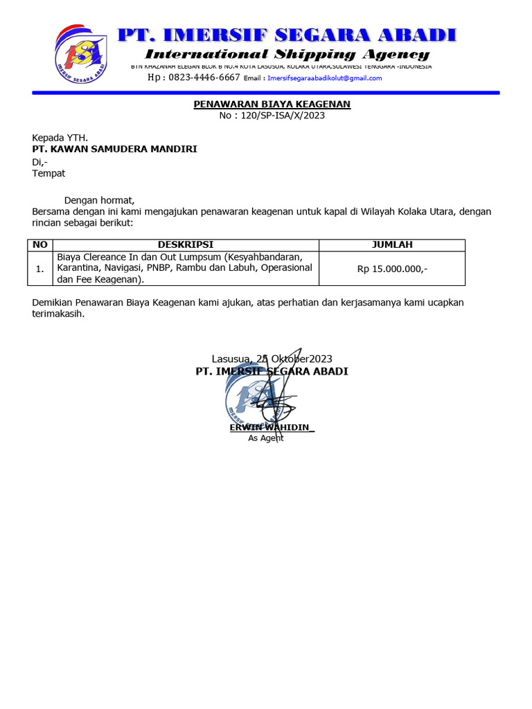 Penawaran Biaya Keagenan Pt. Isa | PDF