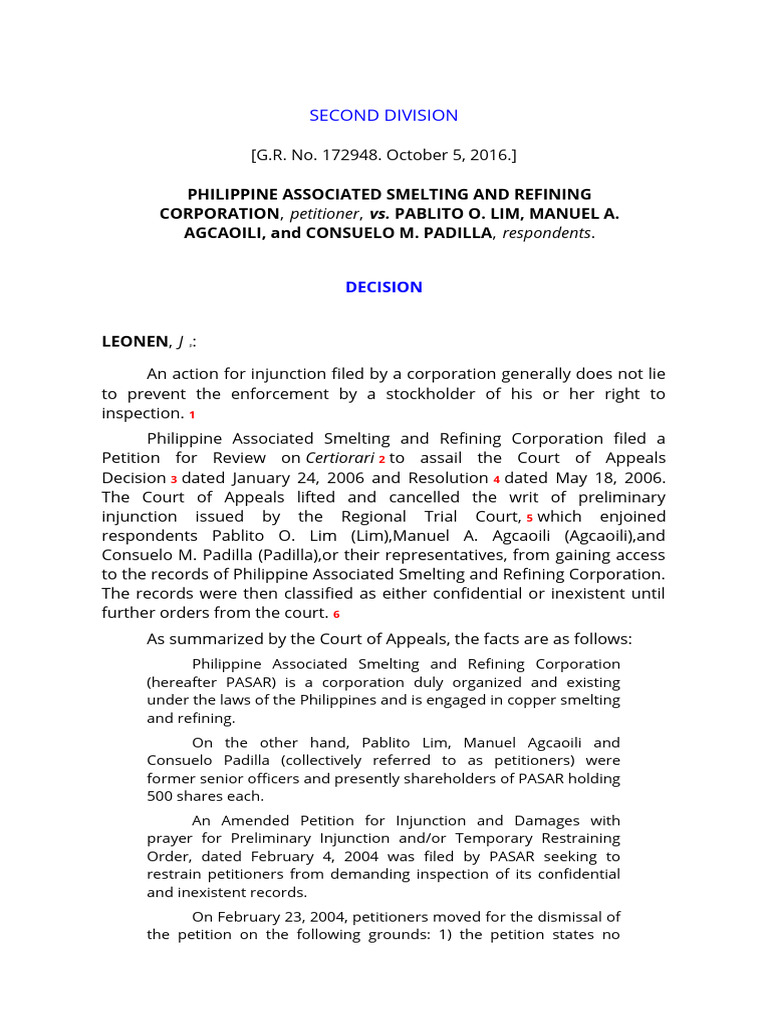 PASAR vs. Lim: Stockholder Inspection Rights | PDF | Injunction | Legal ...