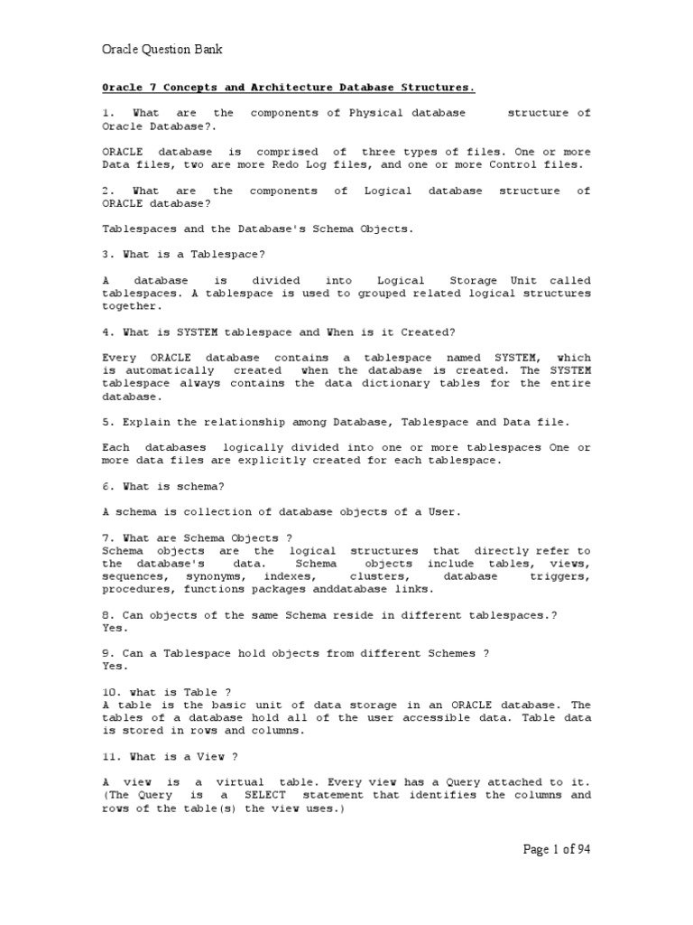 Oracle Question Bank: Oracle 7 Concepts and Architecture Database Structures | PDF | Database ...