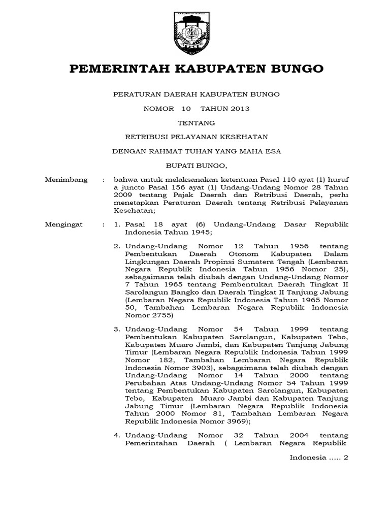 Perda Kab. Bungo No.10 TH 2013 TTG Retribusi Pelayanan Kesehatan | PDF
