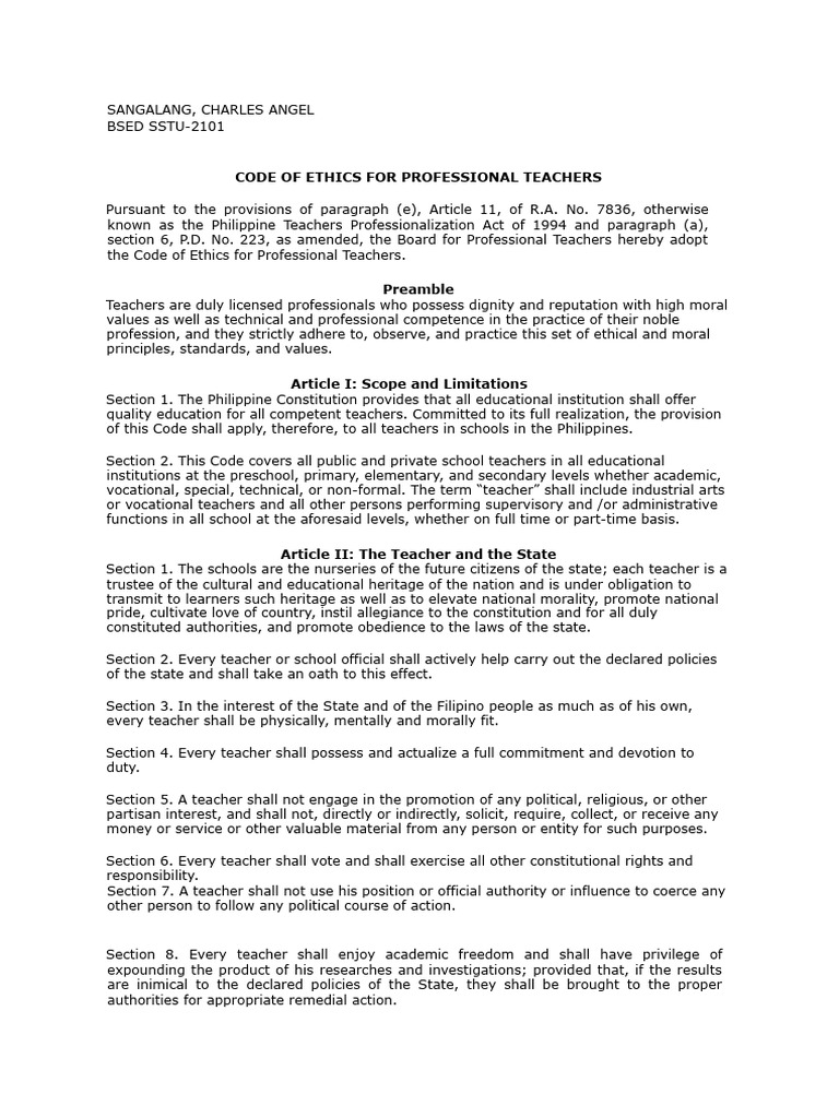 Philippines Code of Ethics Fo Professional Teachers | PDF | Teachers ...