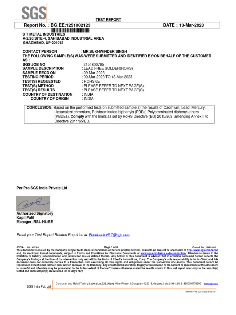 SGS - ROHS Report For LF SOLDER NEW-1 | PDF | Occupational Safety And ...
