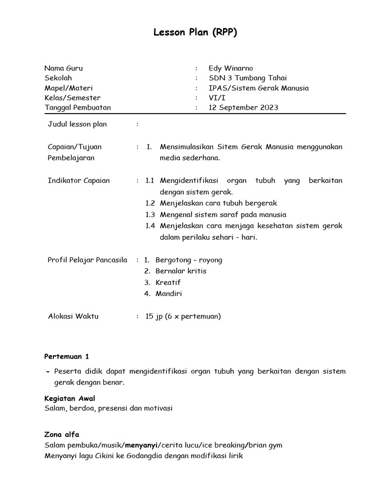 Lesson Plan - IPAS - Sitem Gerak Manusia - Kelas 6 | PDF