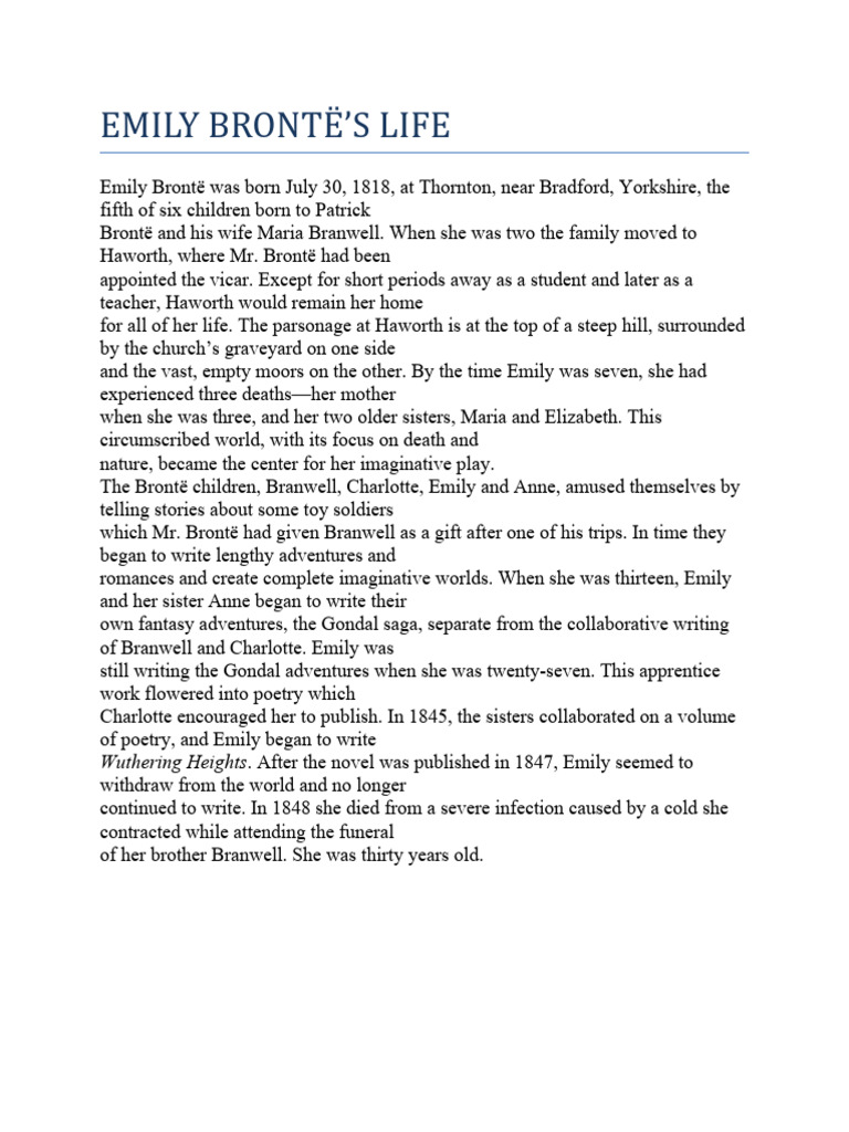EMILY BRONTË 'S Life | PDF