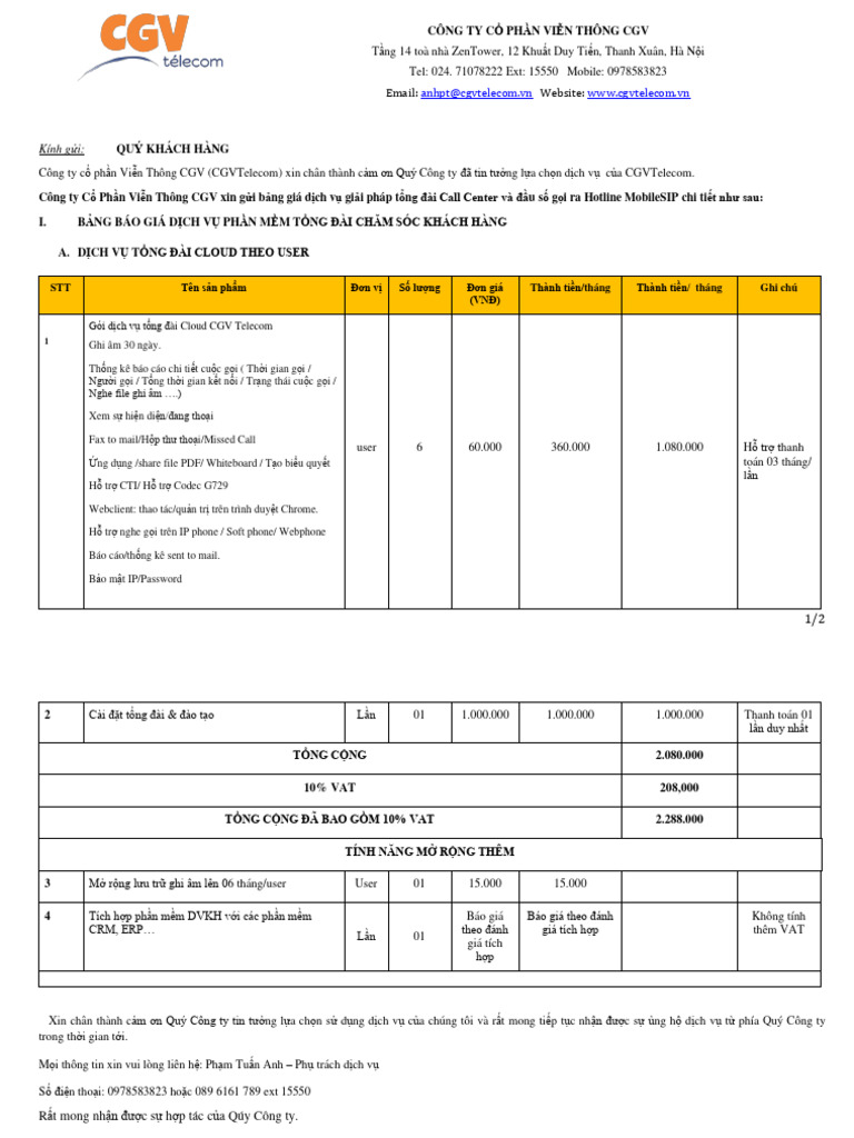 0909 - BG HỆ THỐNG TỔNG ĐÀI CLOUD - CGV Telecom | PDF