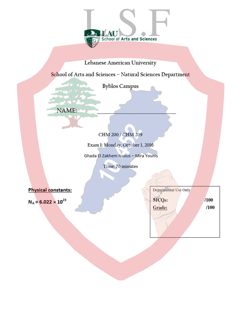 Exam 1 - Fall 2016 - Ghada & Mira Younis | PDF | Proton | Atoms