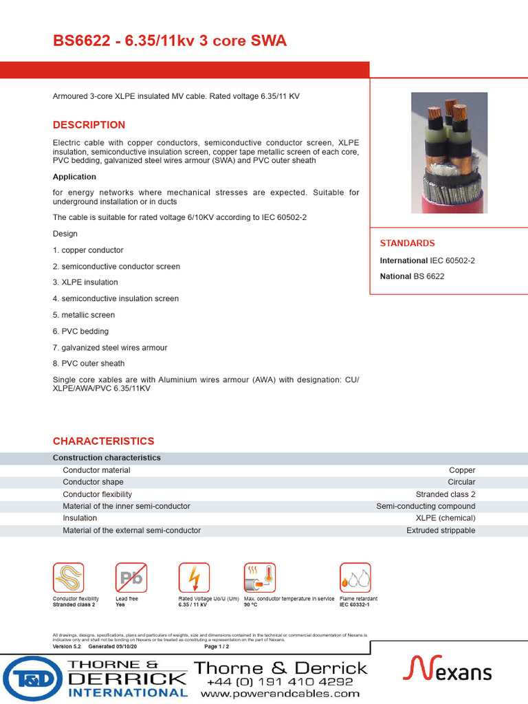 BS6622 635 11kV 3 Core SWA Cable-Min | PDF | Electrical Conductor | Insulator (Electricity)