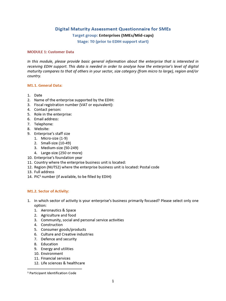 DMA Questionnaire For SMEs EDIH Network en | Download Free PDF ...