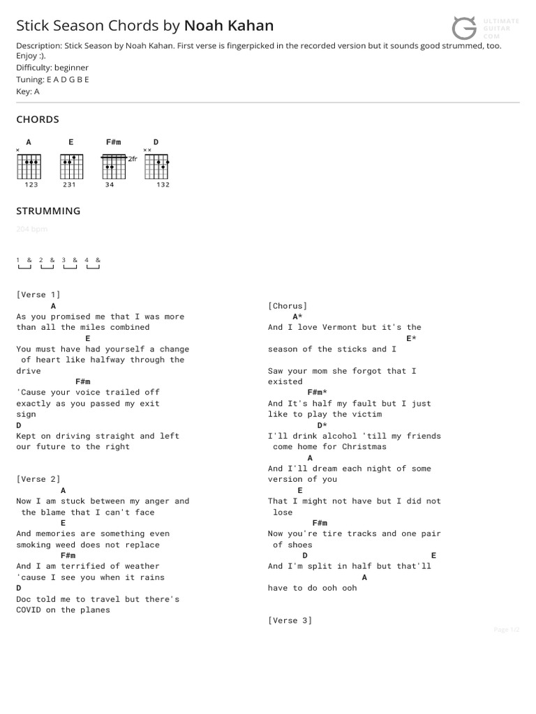 Stick Season Chords by Noah Kahantabs at Ultimate Guitar Archive | PDF