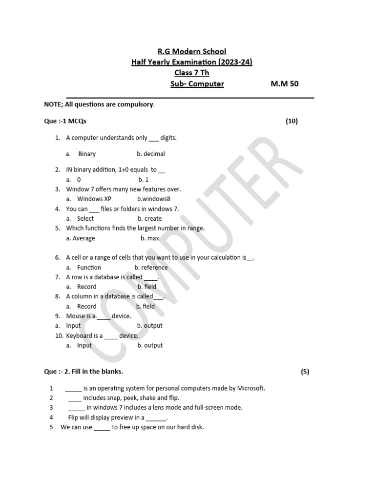 Class 7 Computer Exam 2023-24 | PDF | Technology & Engineering