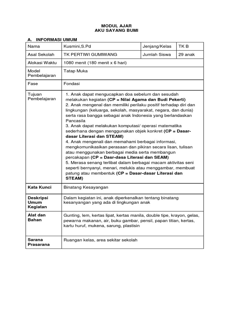 Modul Ajar Tema BInatang Kesayangan M12 | PDF