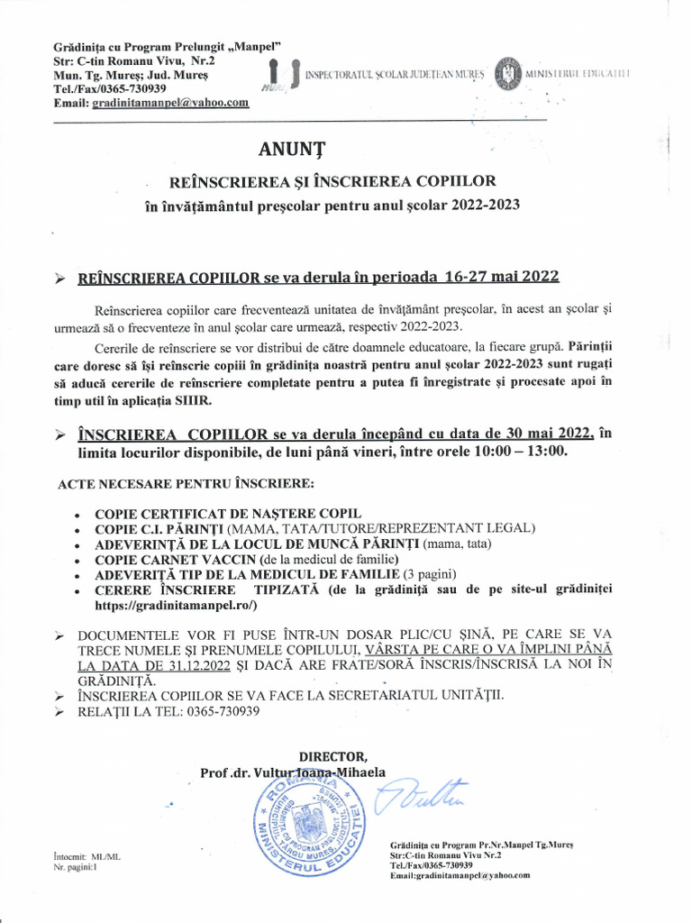 Anunt Reinscrierisiinscrieriinanulscolar2022 2023 | PDF