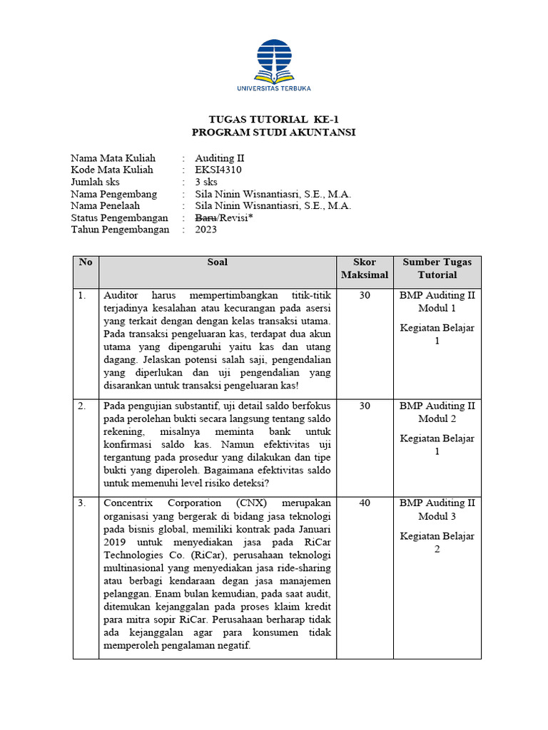 Tugas Tutorial Auditing II 2023 | PDF | Bisnis | Pengelolaan Keuangan ...