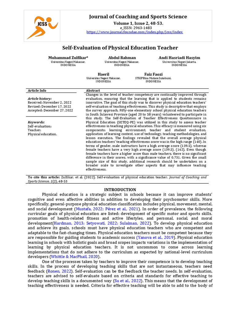 Self-Evaluation of Physical Education Teacher | PDF