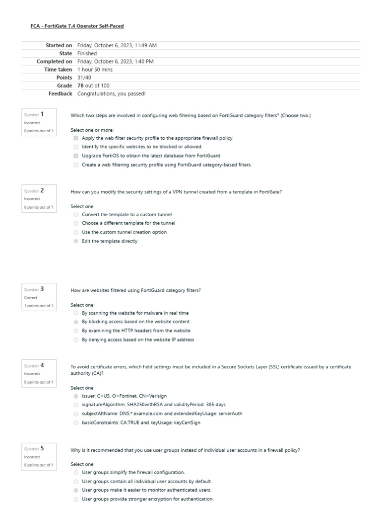 FortiGate 7.4 Operator Exam - Attempt Review | PDF