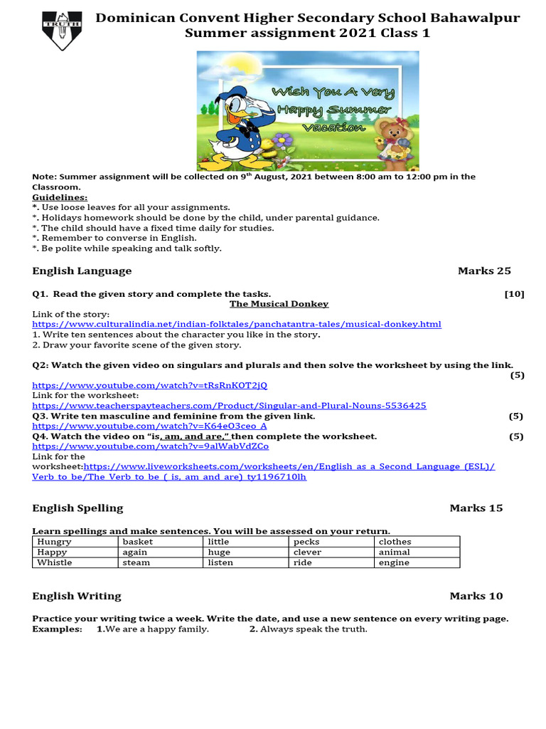 Class 1 Summer English Assignment | PDF | English Language