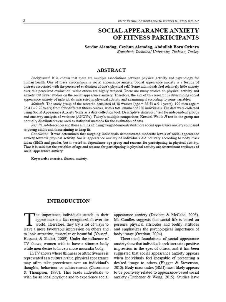 Social Appearance Anxiety in Fitness Participants | PDF | Analysis Of ...