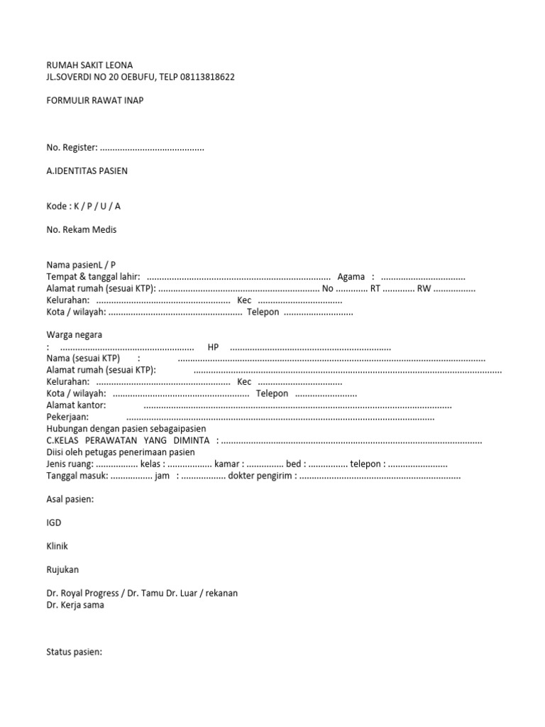 Formulir Pendaftaran Rawat Inap 2 PDF | PDF
