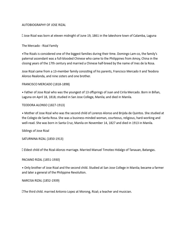Autobiography of Jose Rizal | PDF | Philippines | Spanish Language ...