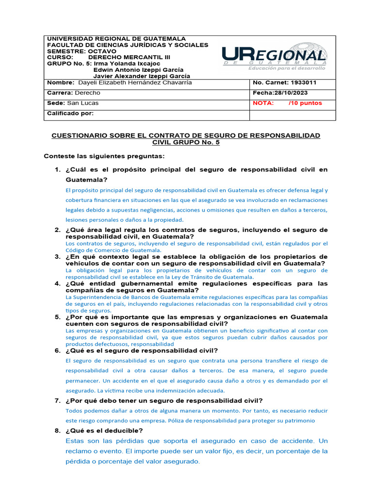 5 +CUESTIONARIO+No +5+SEGURO+DE+RESPONSABILIDAD+CIVIL | PDF | Póliza de seguros | Seguro