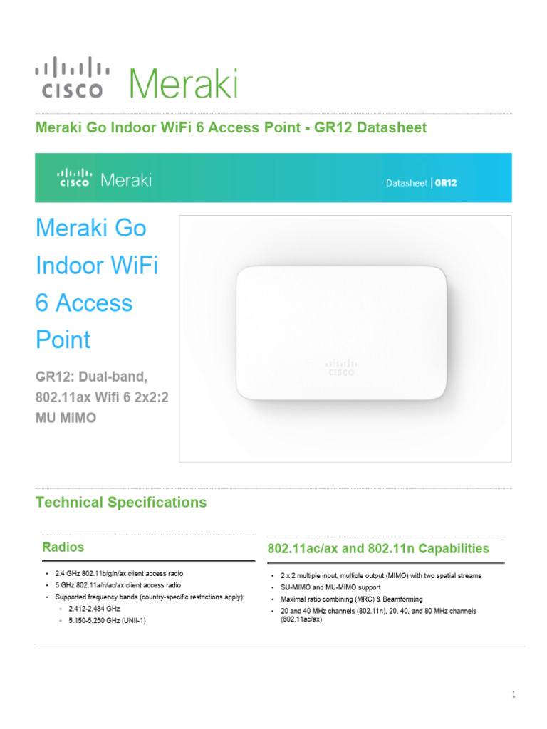 Meraki Go Indoor WiFi 6 Access Point - GR12 Datasheet | PDF | Ieee 802.11 | Wi Fi
