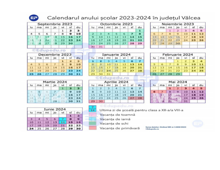 Calendarul Anului Scolar 2023-2024 in Judetul Valcea | PDF