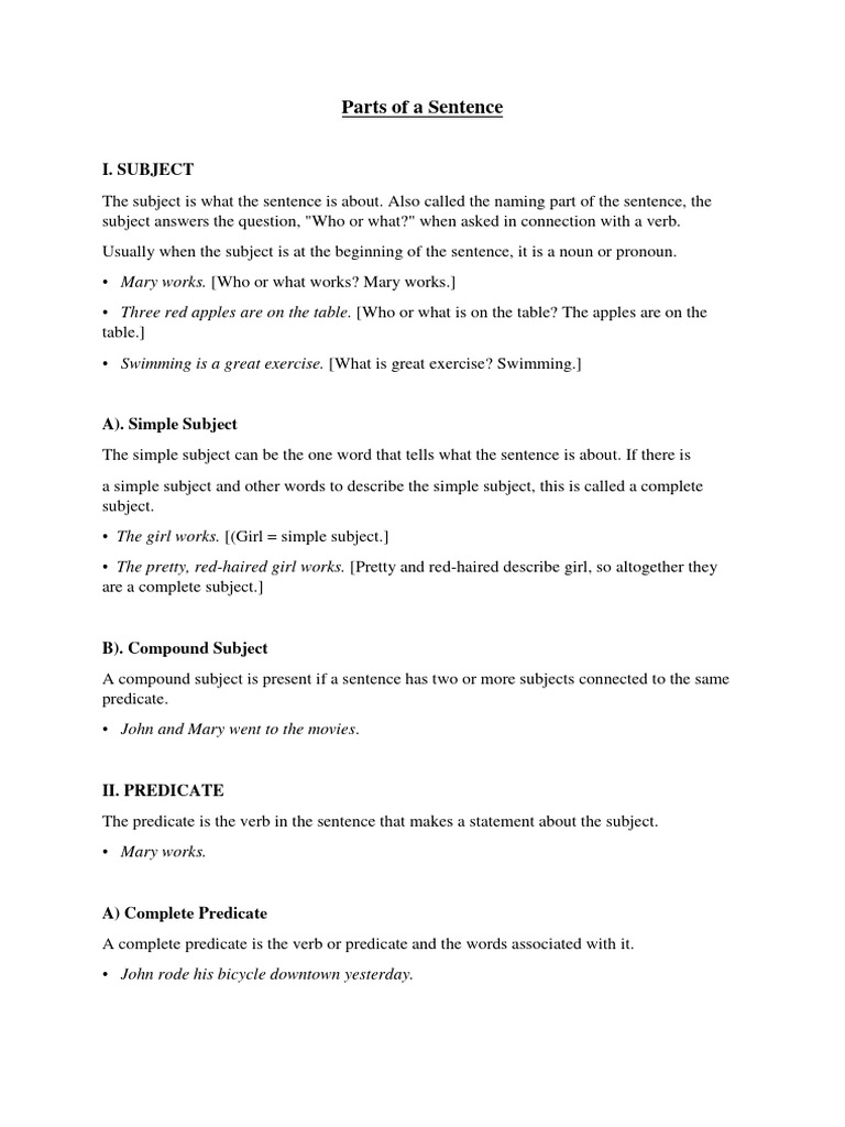 Parts of A Sentence (Subject and Predicate) Next | PDF