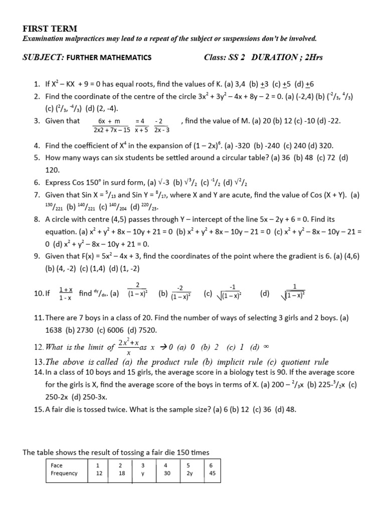 Futher Maths SS2 | PDF