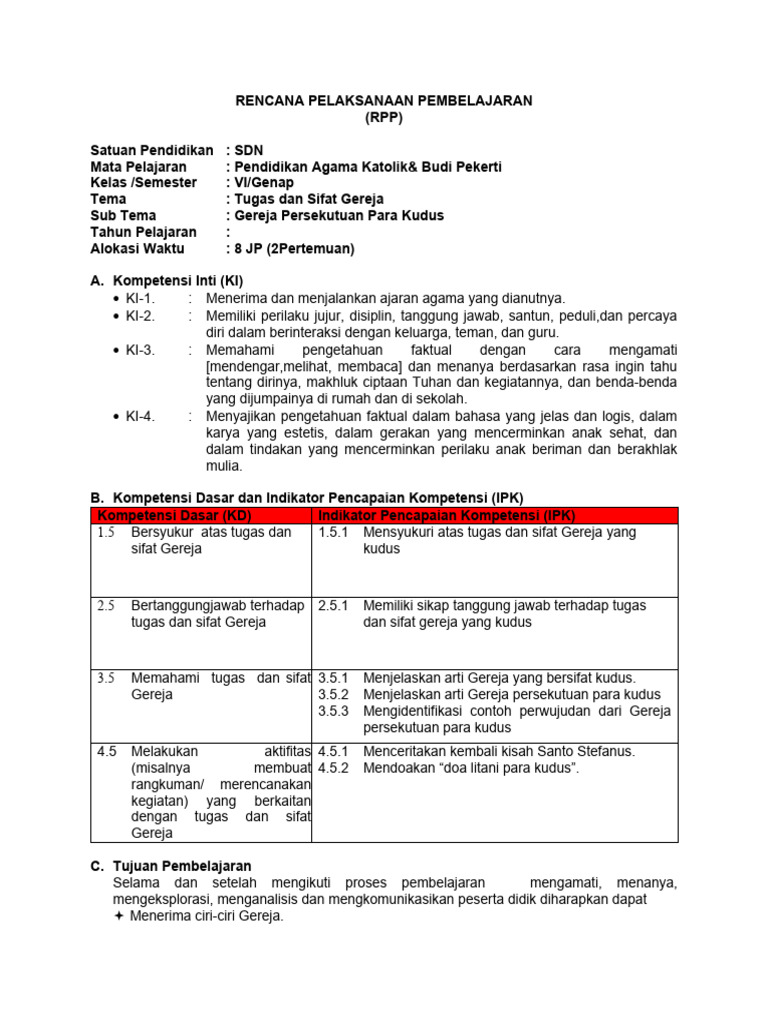 RPP. KD 3.5 Gereja Persekutuan para Kudus | PDF