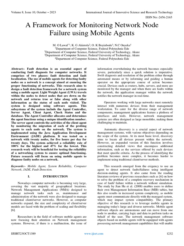A Framework For Monitoring Network Node Failure Using Mobile Agents | PDF | Computer Network ...