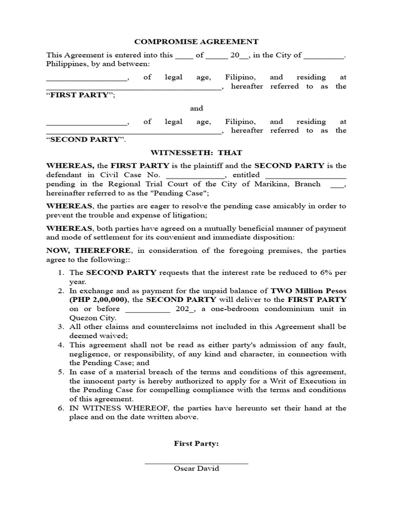 Compromise Agreement DRAFT | PDF | Lawsuit | Common Law Compromise Agreement DRAFT | PDF | Lawsuit | Common Law