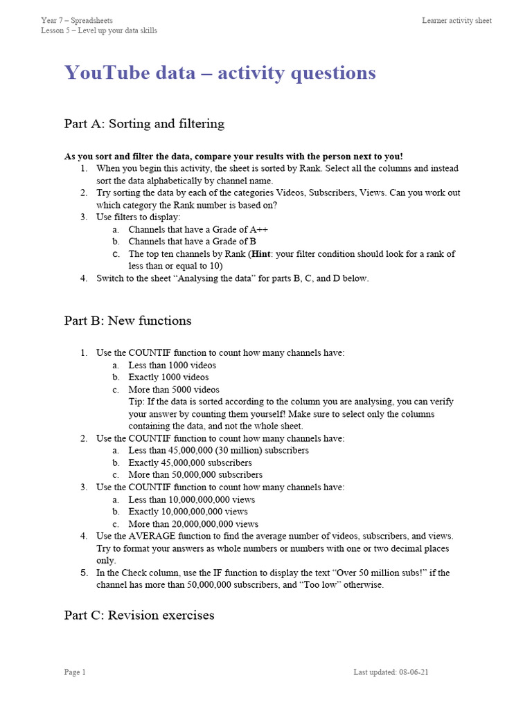 Activity 2 - YouTube Data Questions | PDF | Spreadsheet | You Tube