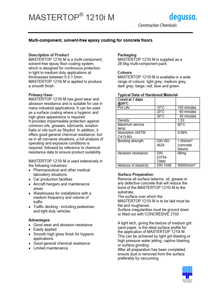Mastertop 1210i M 12-04 | PDF | Concrete | Epoxy