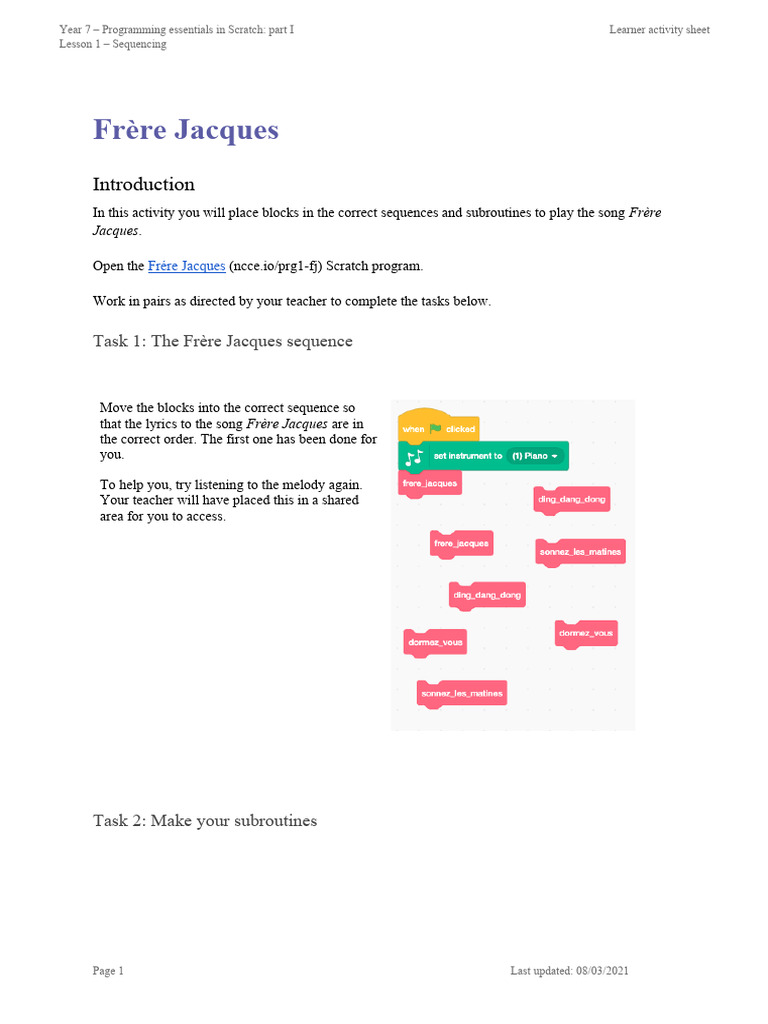 L1 - A4 Worksheet - Frere Jacques | PDF