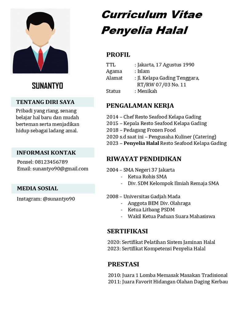 Curriculum Vitae Penyelia Halal - Contoh | PDF