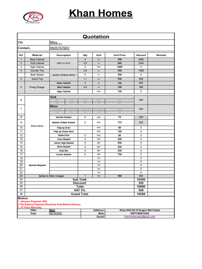 Quotation for Kitchen Cabinets | PDF