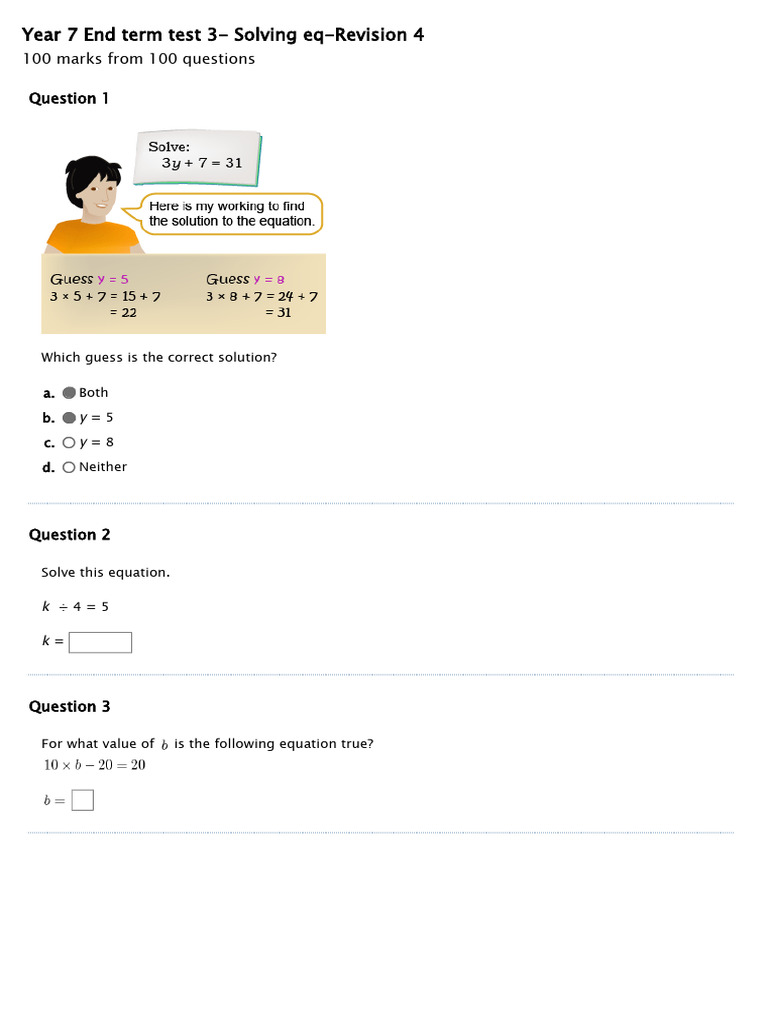 Year 7 End Term Test 3 Solving Eq Revision 4 2 | PDF | Teaching Methods ...