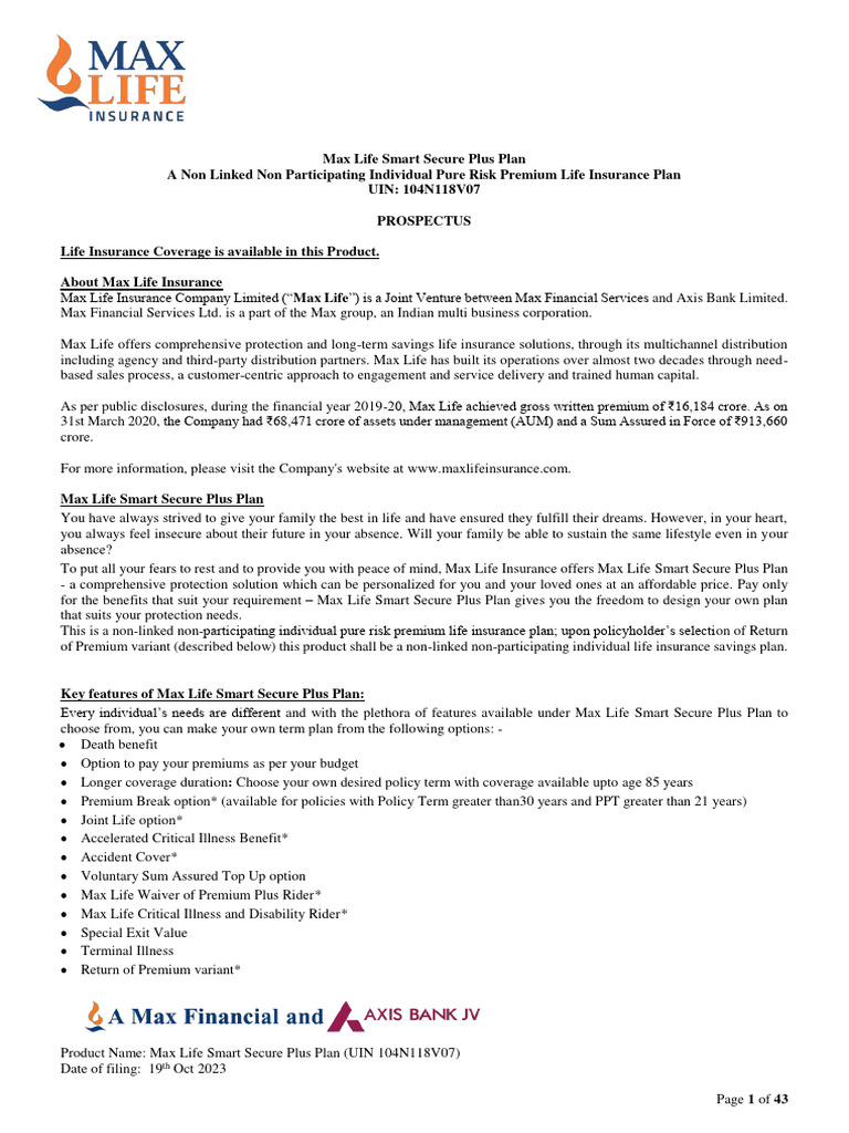 Max Life Smart Secure Plus Plan Overview | PDF | Insurance | Money