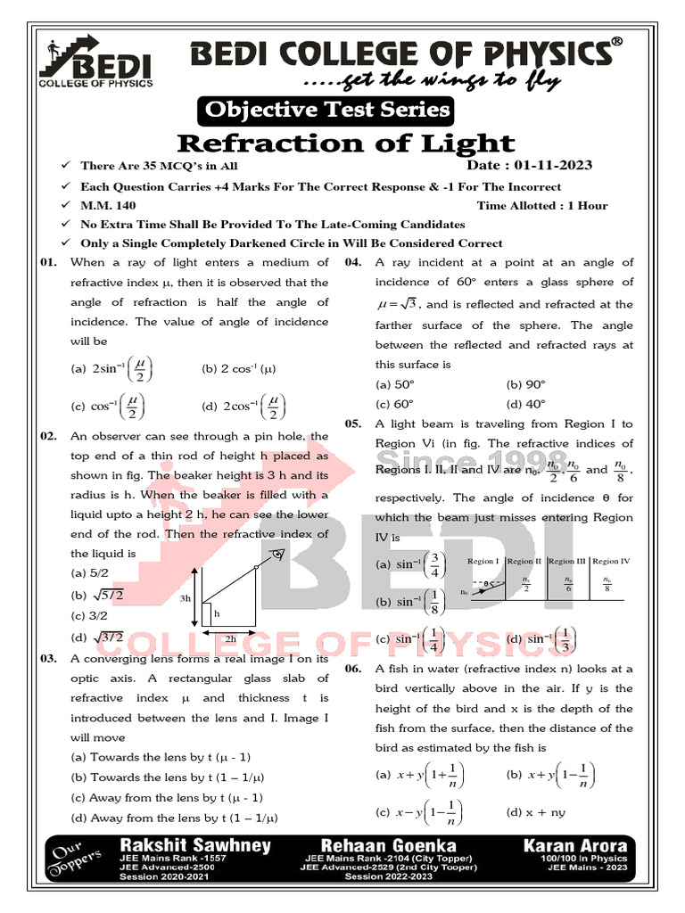 Physics MCQs on Refraction and Light | PDF | Optics | Materials Science