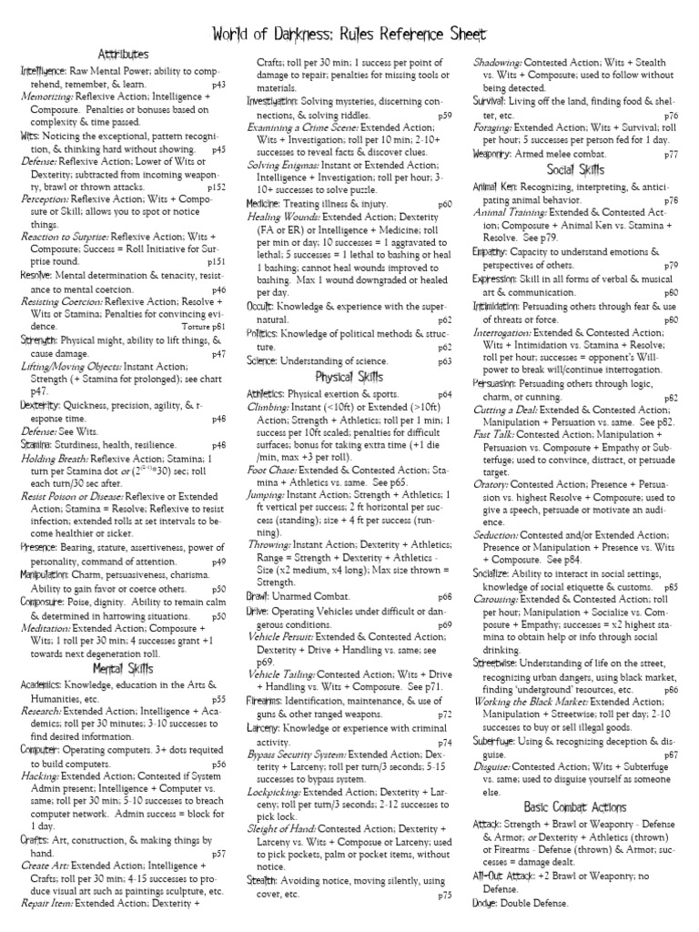 World of Darkness Quick Reference Sheets - 2 | PDF