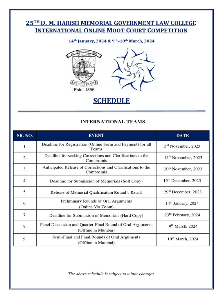 Official Overseas Schedule 25th D.M. Harish Memorial Government Law ...