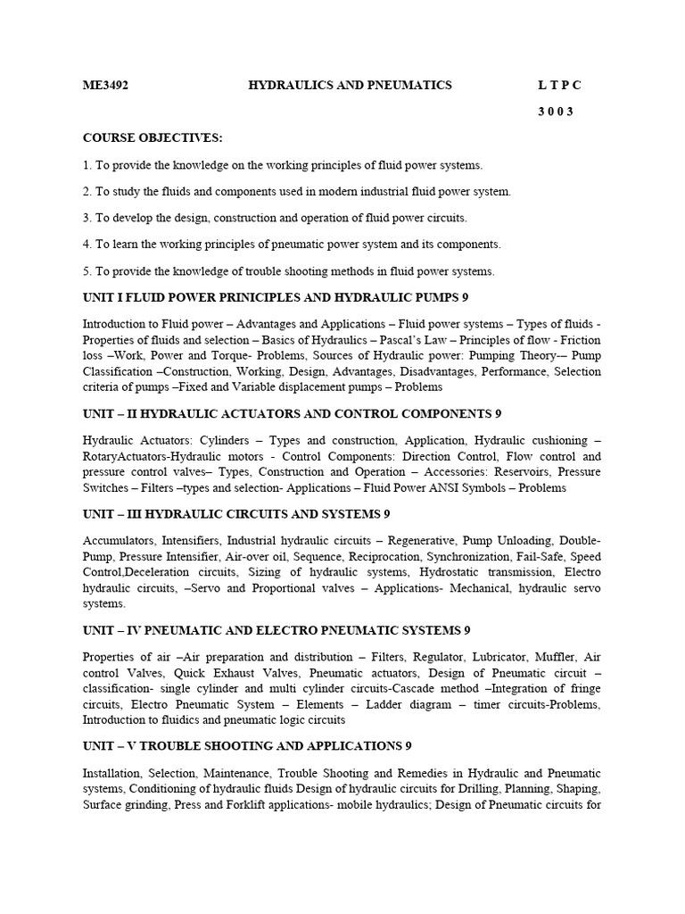 Me3492 Hydraulics and Pneumatics - R2021 | PDF | Computers | Technology & Engineering
