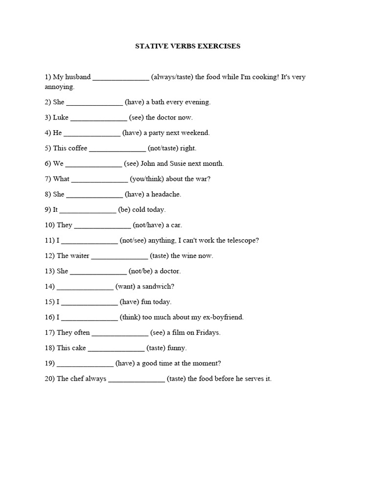 Stative Verbs Pdf Cooking Food Wine