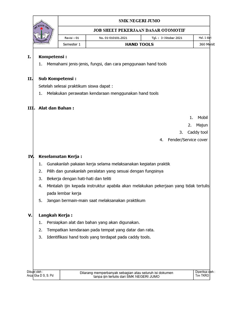 Jobsheet Penggunaan Hand Tools SMK | PDF