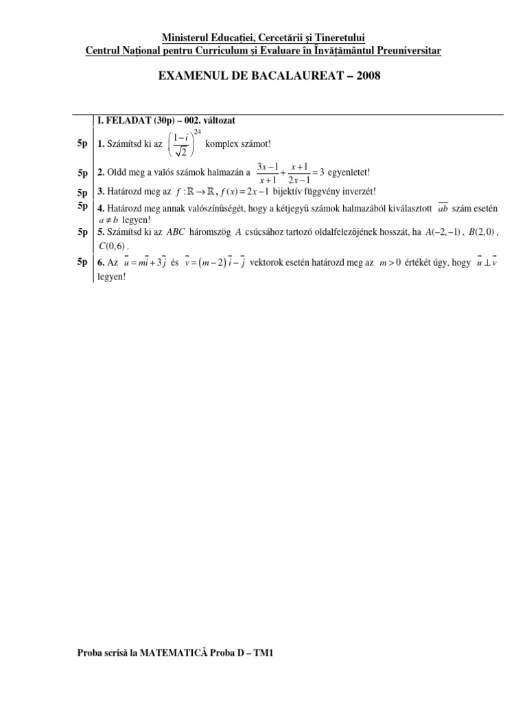 Examenul de Bacalaureat - 2008 | PDF