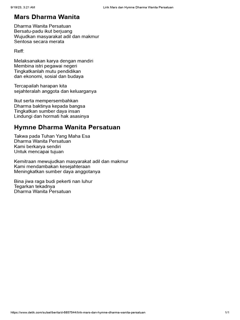 Lirik Mars Dan Hymne Dharma Wanita Persatuan | PDF