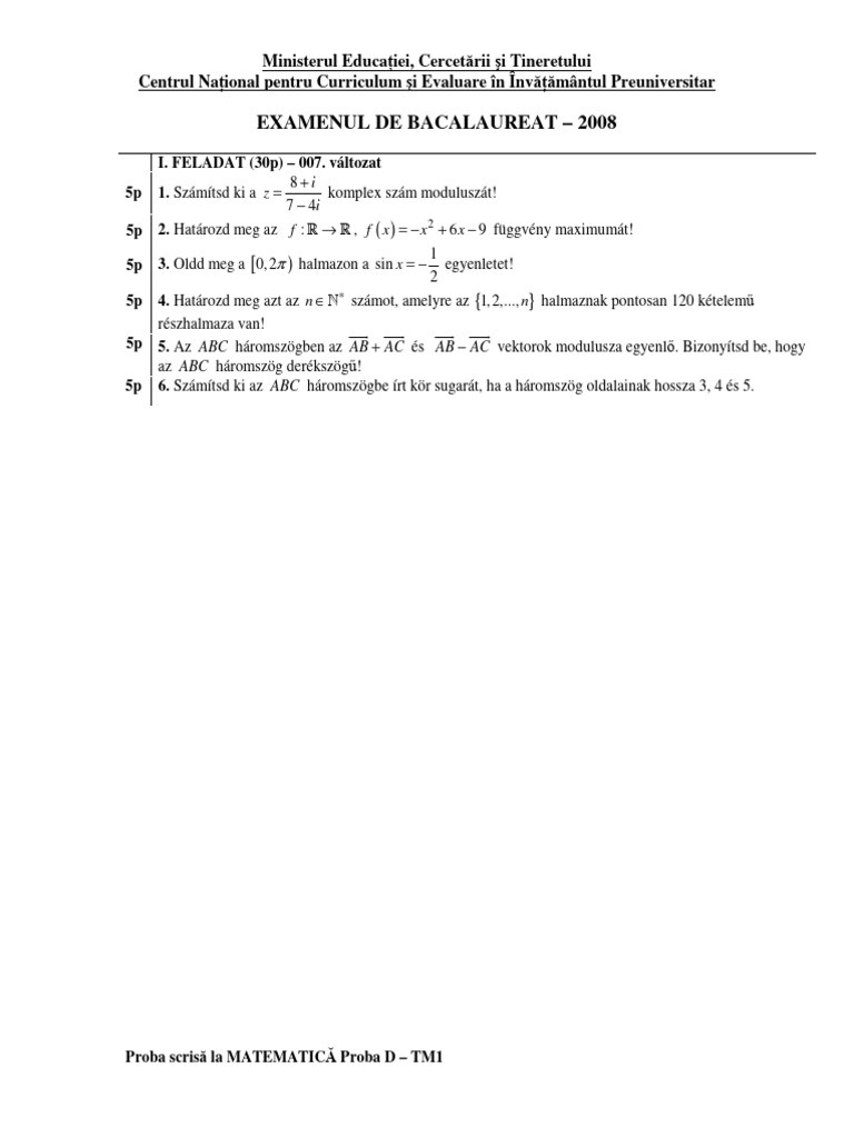 Examenul de Bacalaureat - 2008 | PDF
