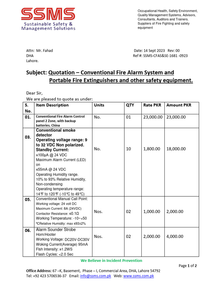 1681 - Quotation For Conventional Fire Alarm System, Other Safety ...