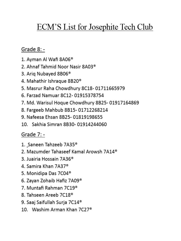 ECM'S List For Josephite Tech Club: Grade 8 | PDF
